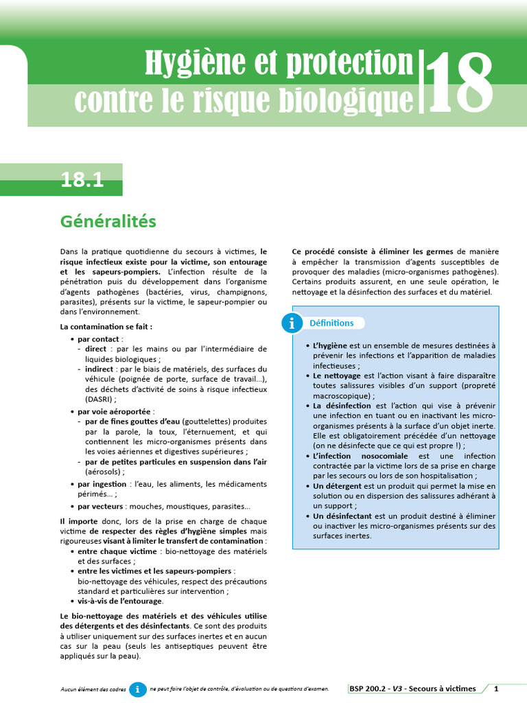 Chapitre 18 Hygiène Et Protection Contre Le Risque Biologique | PDF