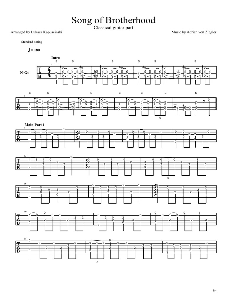 Adrian Von Ziegler - Song of Brotherhood (Classical Guitar) | PDF | Guitar Family Instruments ...