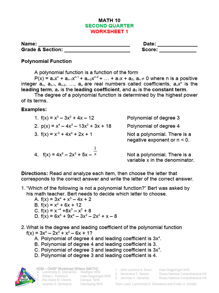 Math 10 Worksheets 2nd Quarter | PDF | Polynomial | Algebra