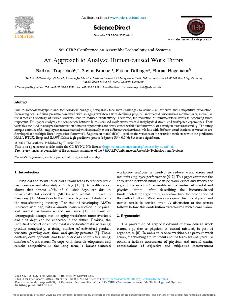 An Approach To Analyze Human Caused Work Errors | PDF | Errors And Residuals | Human Factors And ...