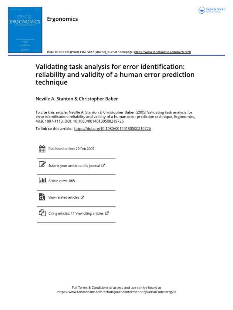 P - Validating Task Analysis For Error Identification Reliability and Validity of A Human Error ...