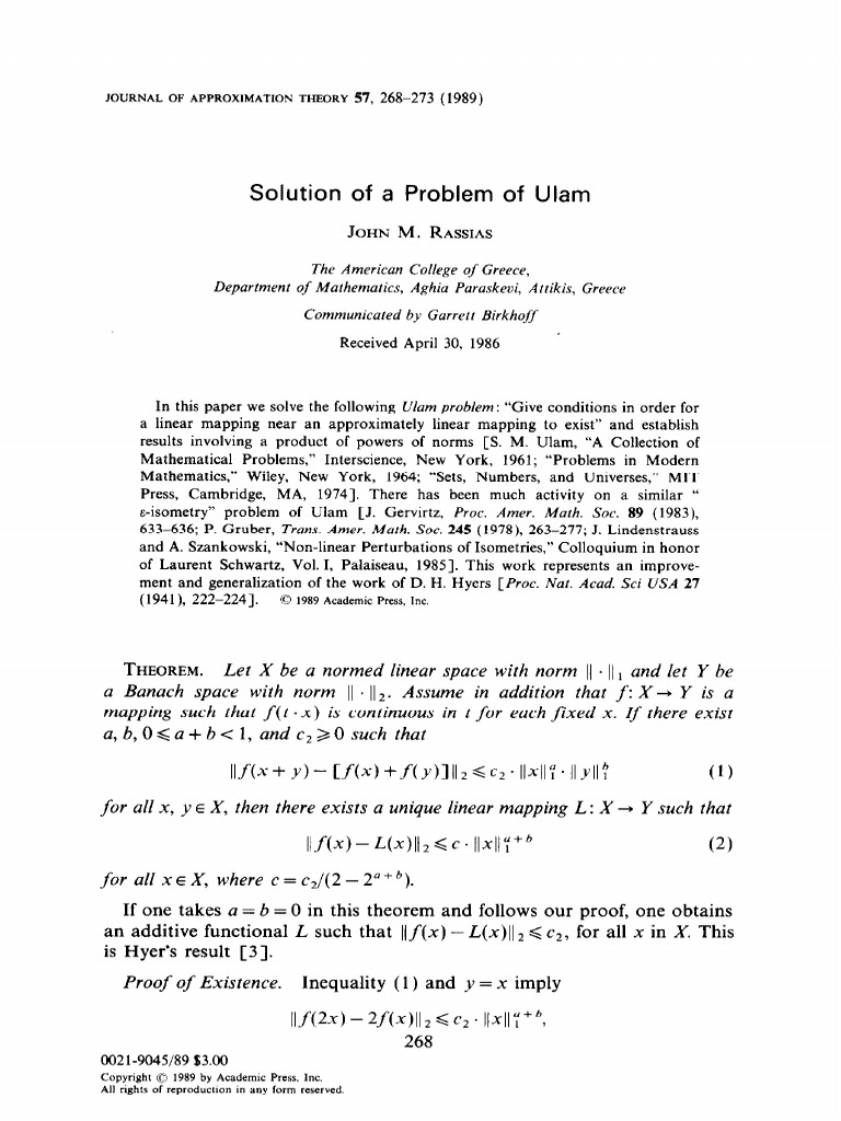 Rassias 1989 | PDF | Banach Space | Mathematical Physics