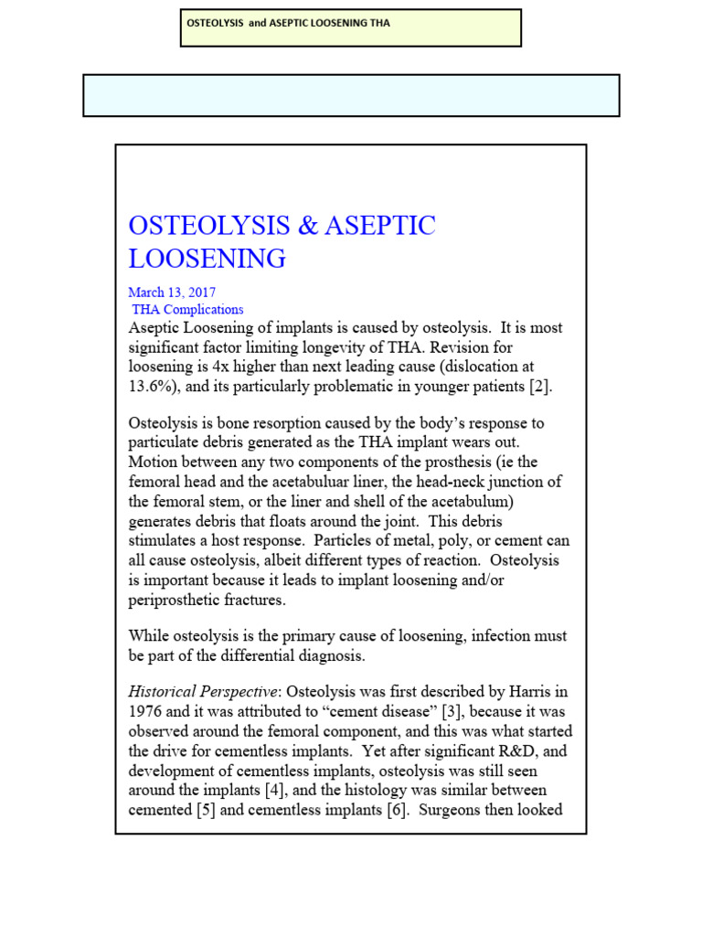 Osteolysis and Aseptic Loosening in THA | PDF | Implant (Medicine) | Wear