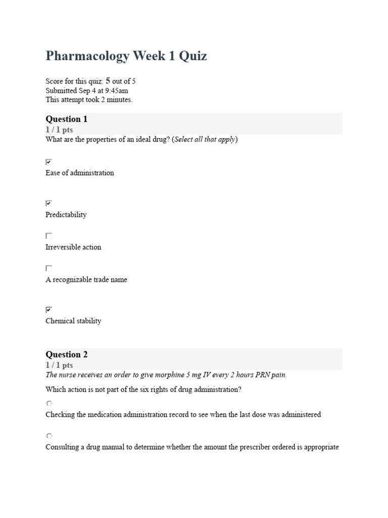 Pharmacology 215 Quizzes Week 1 | PDF | Nursing | Pharmacology