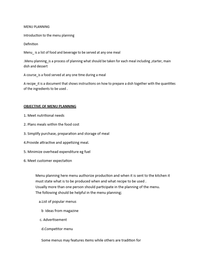 Menu Planning Notes | PDF | Menu | Meal