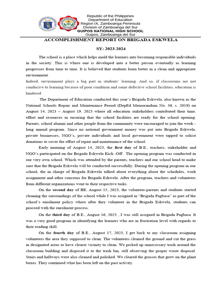 2023 Brigada Eskwela Accomplishment Report | PDF