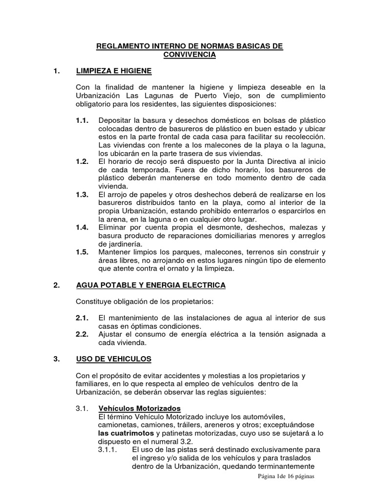 Reglamento Interno de Normas Basicas de Convivencia Condominio Lagunas | PDF | Disciplinas ...