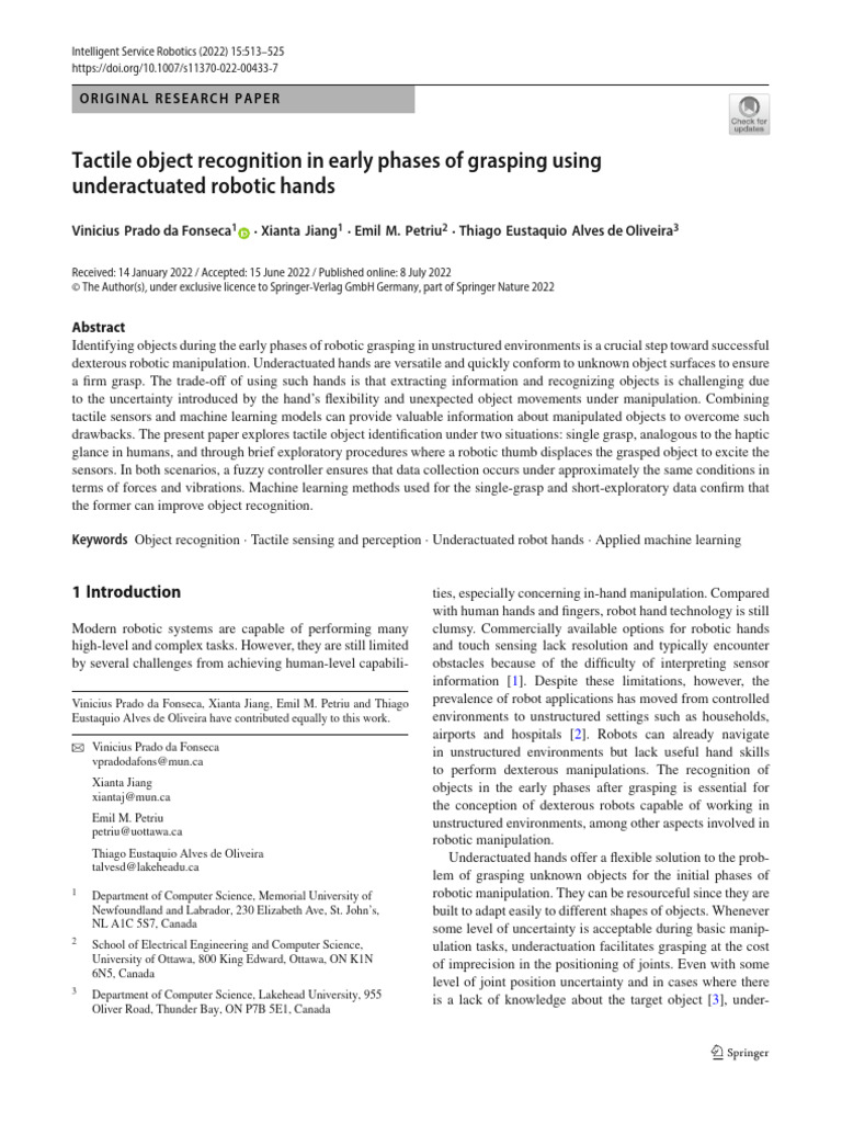 Tactile Object Recognition In Early Phases Of Grasping Using Underactuated Robotic Hands Pdf