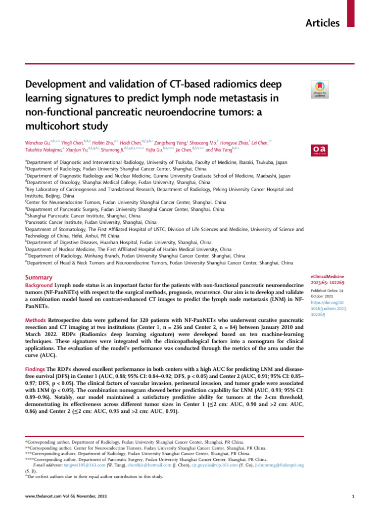 Development and Validation of CT Based Radiomics Deep Learning S 2023 EClini | PDF | Pancreatic ...