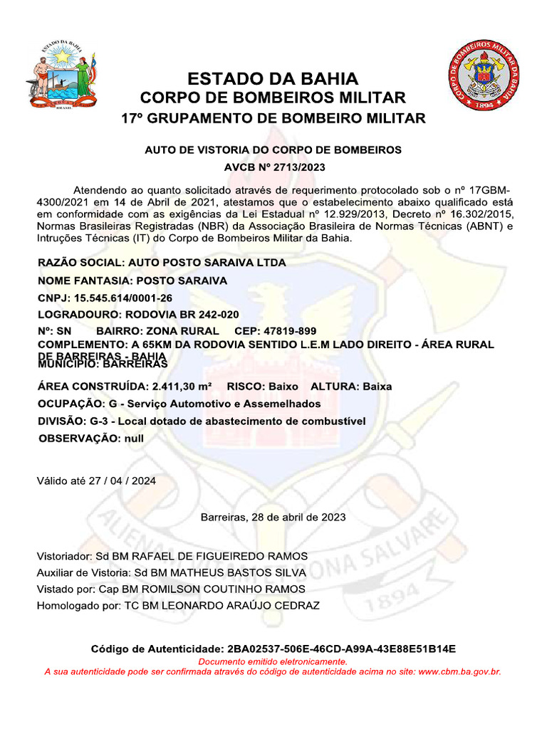 Auto de Vistoria Do Corpo de Bombeiros - Avcb - 2023 - Bahia | PDF