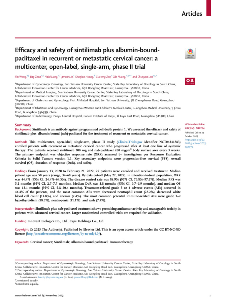 Efficacy and Safety of Sintilimab Plus Albumin Bound Paclitaxel - 2023 - Eclini | PDF | Therapy ...