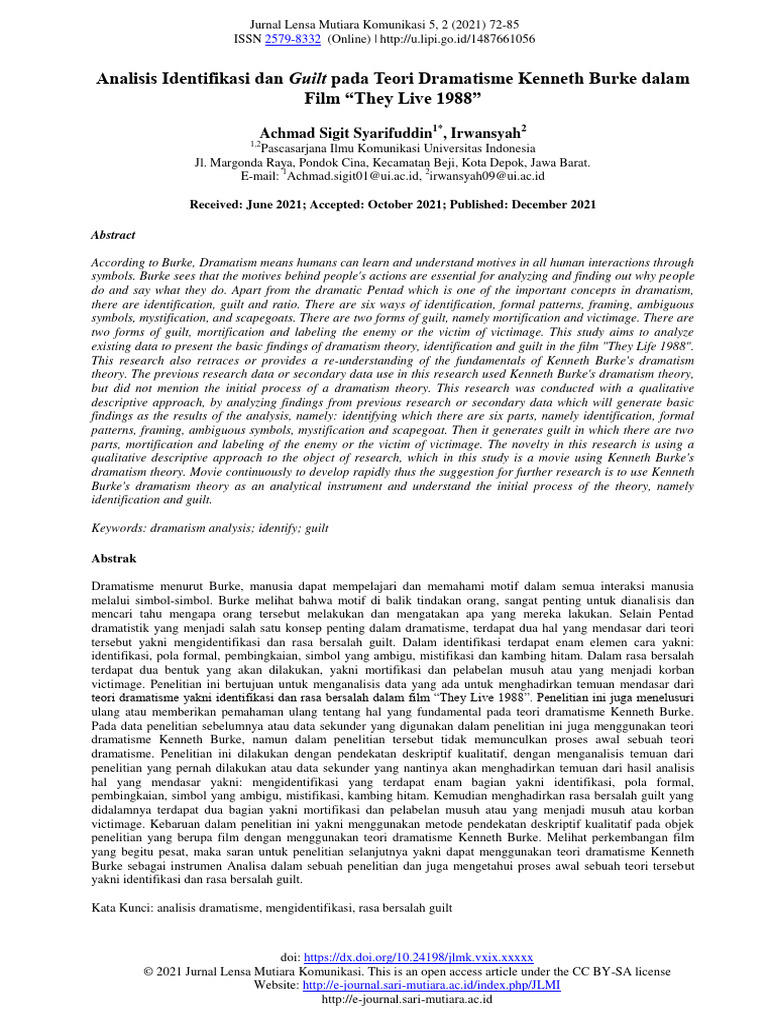 Analisis Identifikasi Dan Guilt Pada Teori Dramatisme Kenneth Burke Dalam Film "They Live 1988 ...
