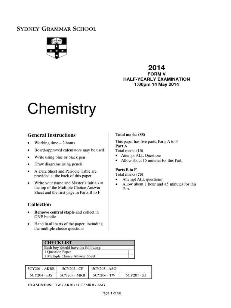 Sydney Grammar 2014 Chemistry Prelim HY & Solutions | PDF | Iron | Ion
