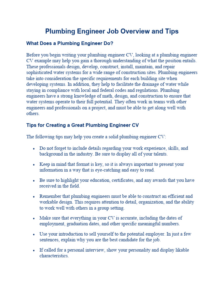 Plumbing Engineer Job Overview and Tips | PDF