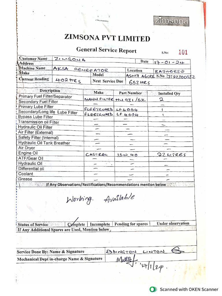 Aksa 230kva Generator Service Report | PDF