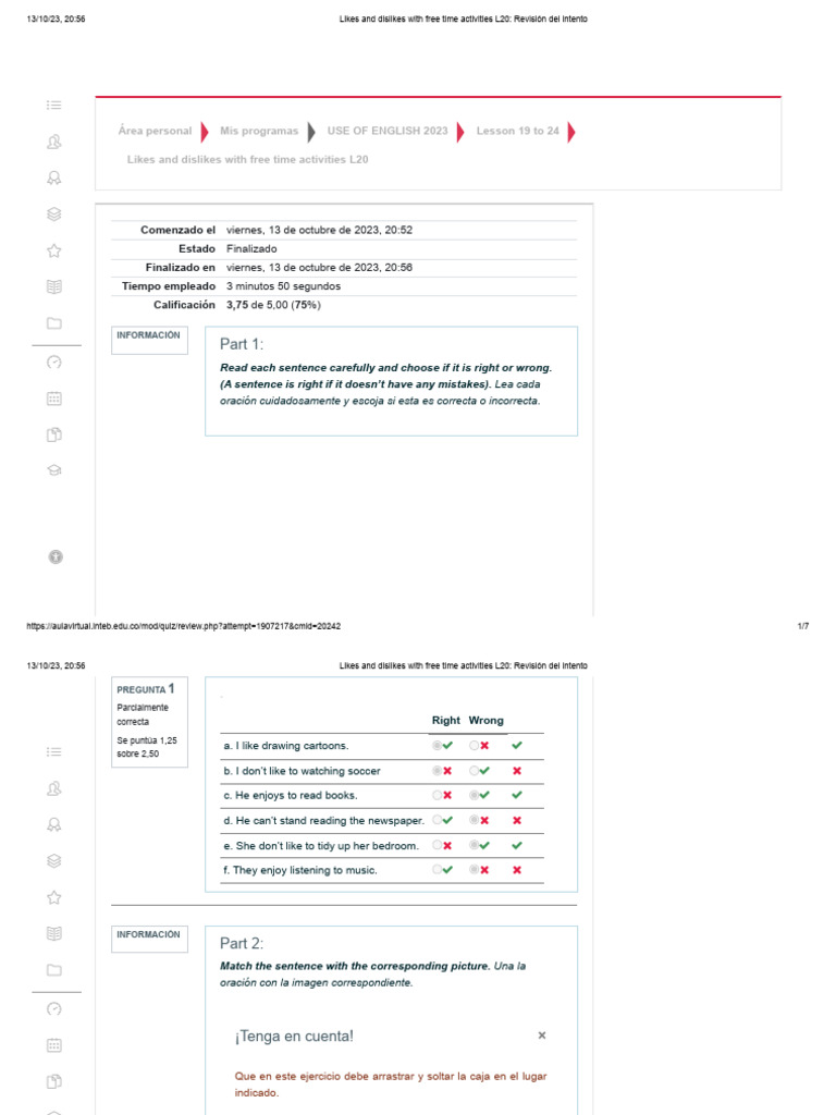 Likes and Dislikes With Free Time Activities L20 - Revisión Del Intento | PDF