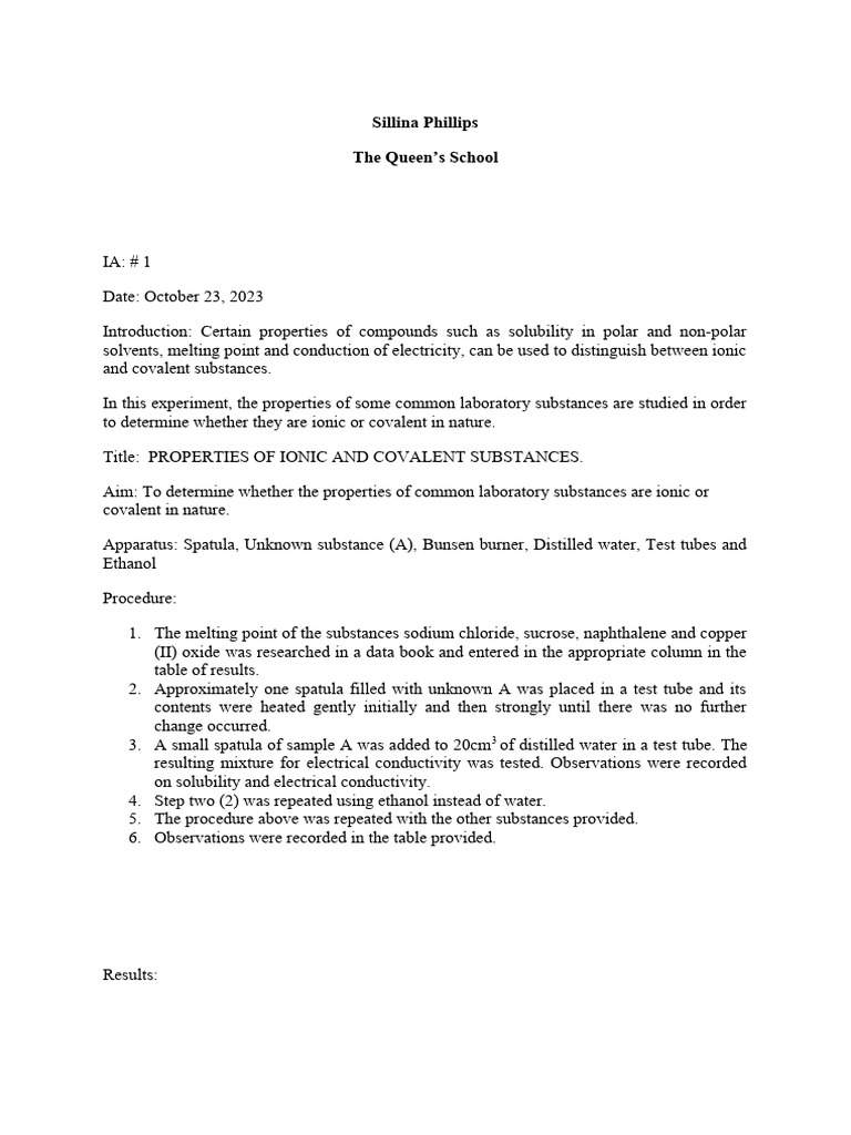 Chem Lab IA#1 | PDF | Chemical Bond | Solubility