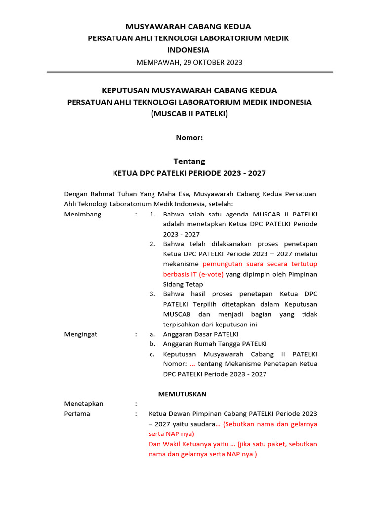 Naskah SK Ketua DPC Terpilih Di Muscab III | PDF