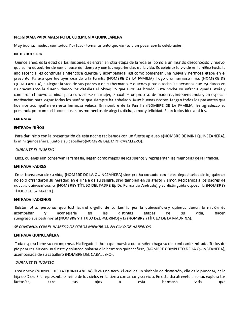 Programa para Maestro de Ceremonia Quinceañera | PDF