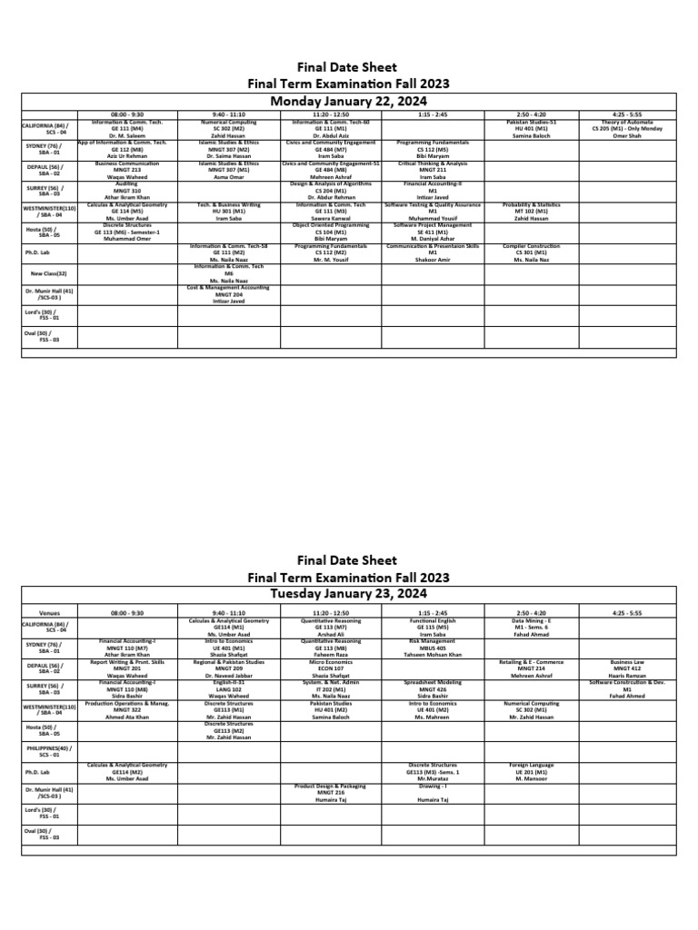 Final Term Date Sheet Fall 2023 | PDF | Computing