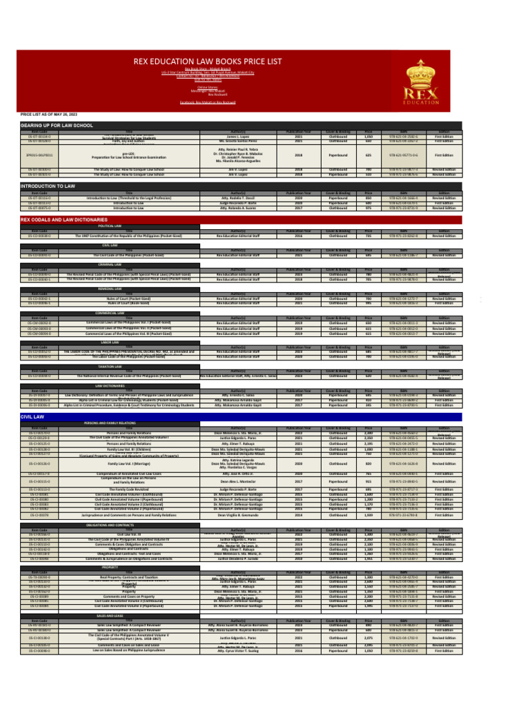 UPDATED Rex Education REX Book Store Law Books Pricelist 05262023 | PDF ...