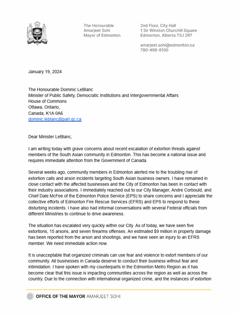 65aaf8827cc1788fe9970184 - Letter To Minister LeBlanc - Extortion ...