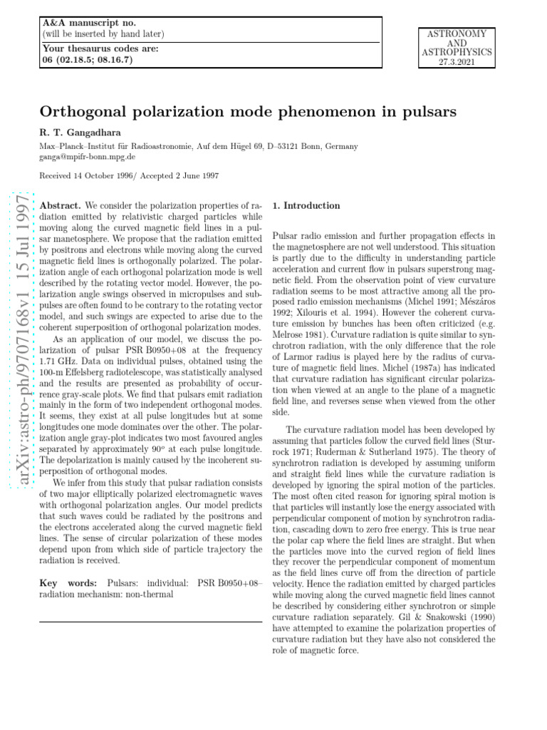 Orthogonal Polarization Mode Phenomenon in Pulsars | PDF | Electromagnetic Radiation | Electron