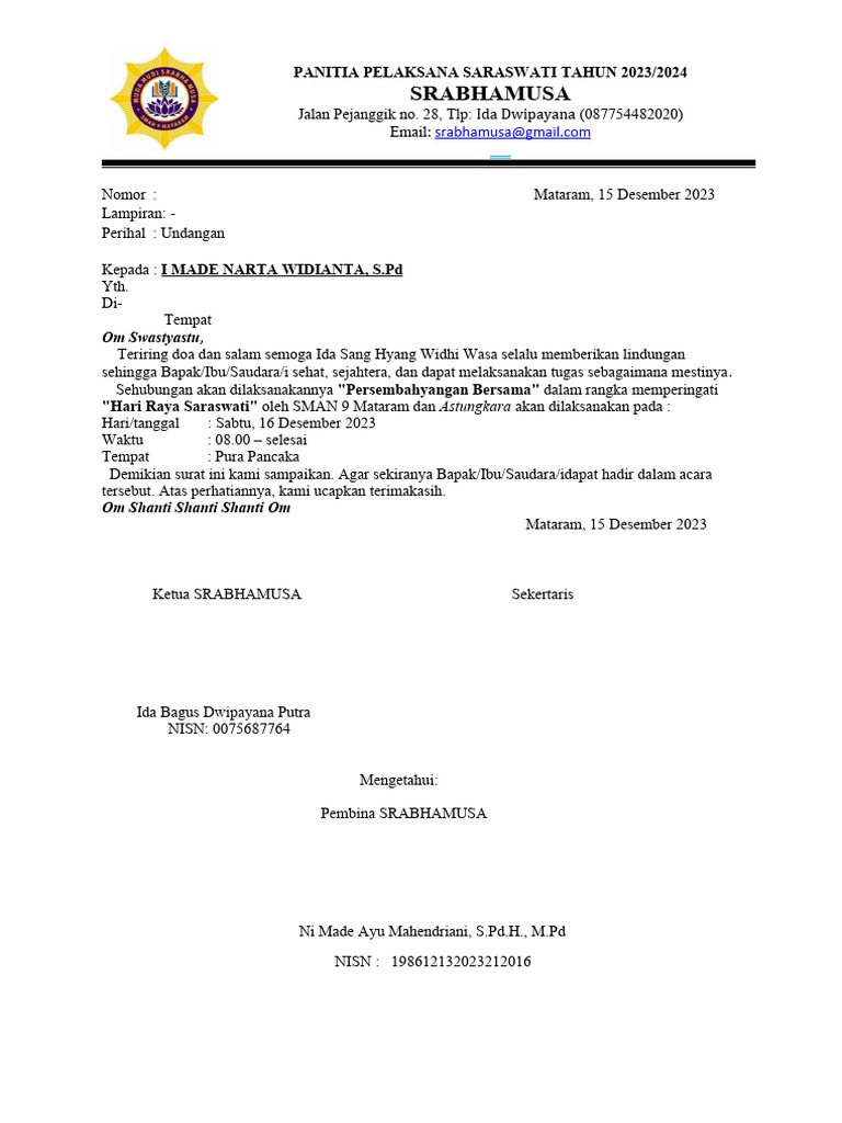 Surat Hari Raya Saraswati2 | PDF