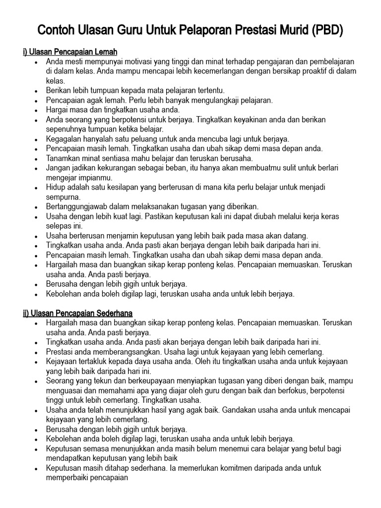 Contoh Ulasan Guru Untuk Pelaporan Prestasi Murid Pdf