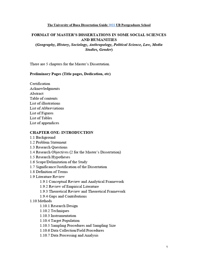 The University of Buea Guide 2021 FORMAT OF MASTER'S DISSERTATIONS | PDF