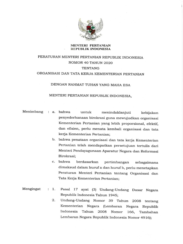 Permentan 40 2020 Tentang Organisasi Dan Tata Kerja Kementan | PDF