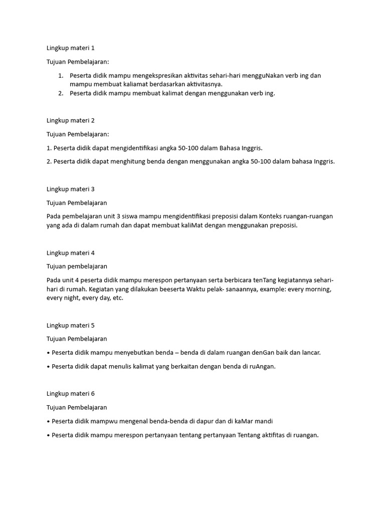 Lingkup Materi Bahasa Inggris Kelas Iv | PDF