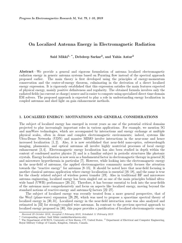 Mikki, Sarkar, Antar, On Localized Antenna Energy in Electromagnetic Radiation, PIER, 2019 | PDF ...