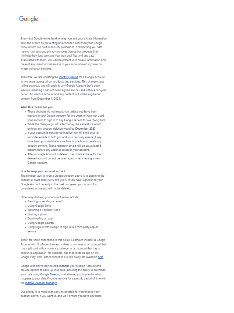 Updating Our Google Account Inactivity Policy | PDF