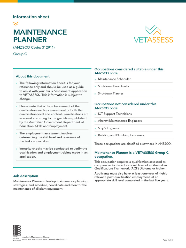 SRGO Infosheet Maintenance-Planner | PDF | Diploma | Business