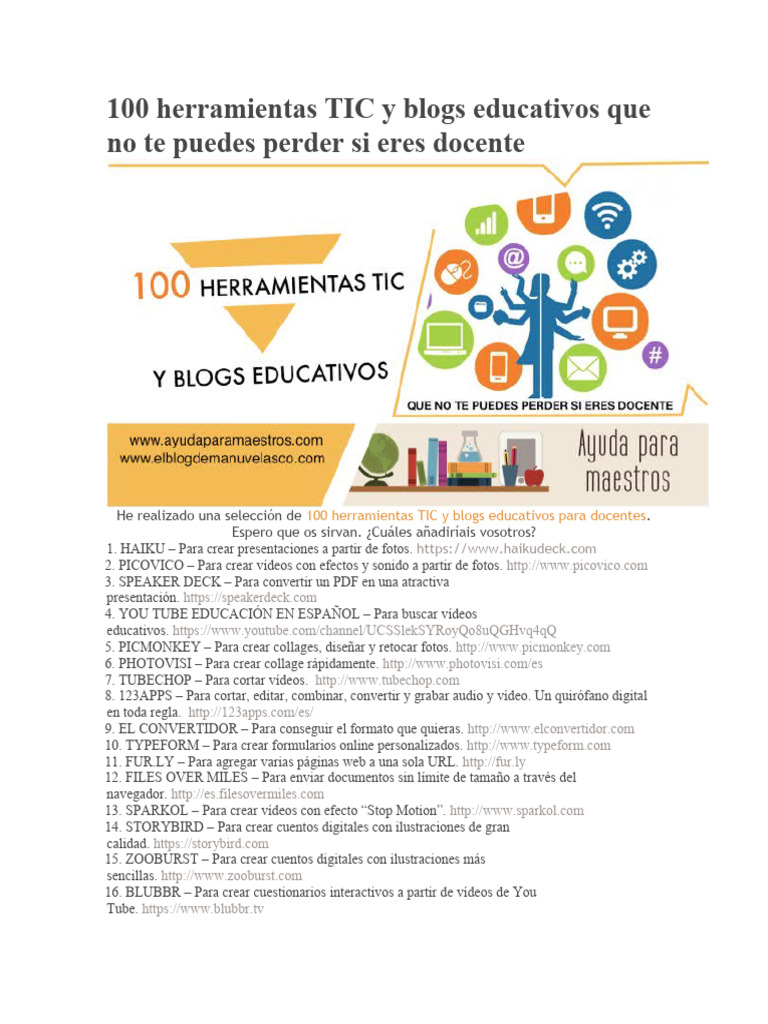 100 Herramientas TIC para Docentes | PDF | Blog | Informática