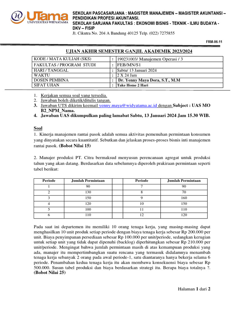 Soal UAS - MO - Yenny Maya Dora - B2 - 12.45 - Ganjil 2324 | PDF | Komputer