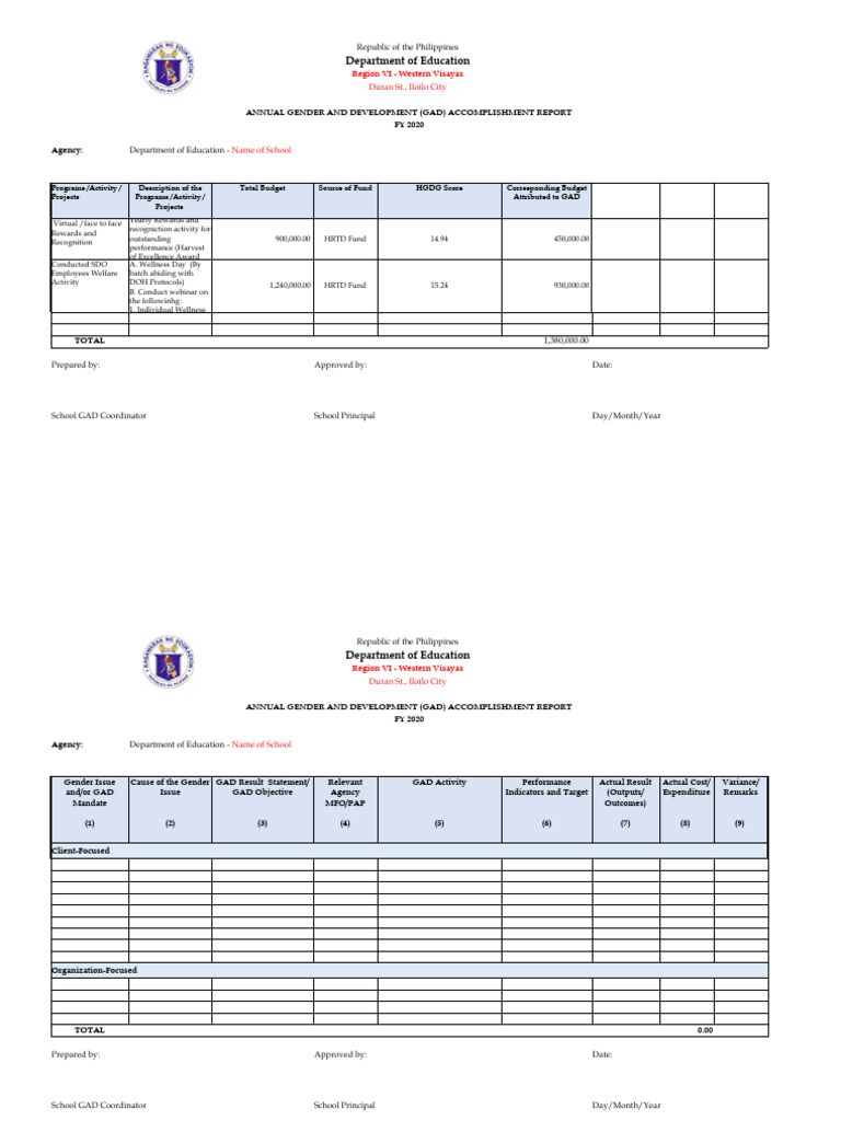 GAD Accomplishment Report For FY 2021 School Template | PDF | Government