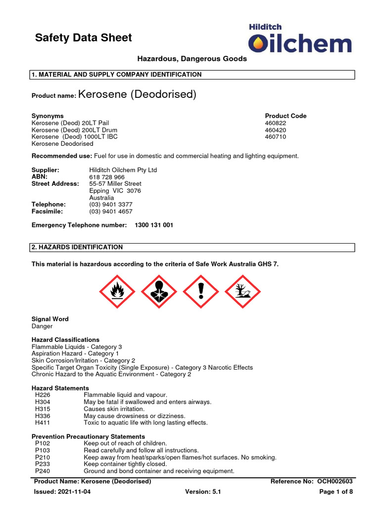 Kerosene Deodorised - SDS | PDF | Dangerous Goods | Toxicity