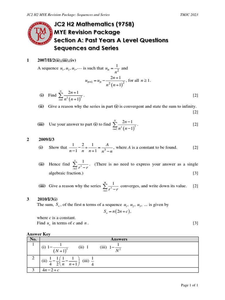 TMJC H2 - MYE - Revision Package - Section A Sequences and Series | Download Free PDF | Sequence ...