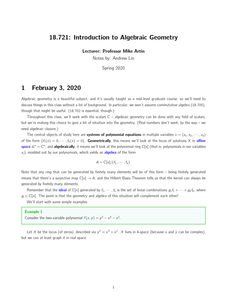18.721: Introduction To Algebraic Geometry: Lecturer: Professor Mike ...
