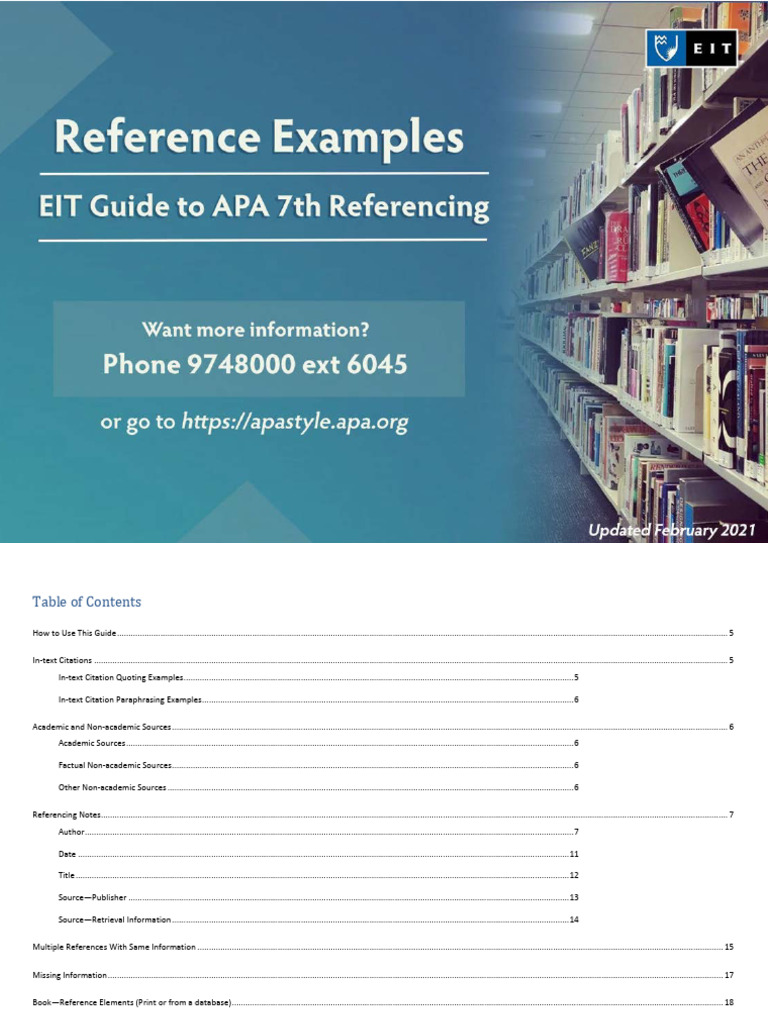 Reference Examples Eit Guide To Apa 7th Referencing Pdf Apa Style