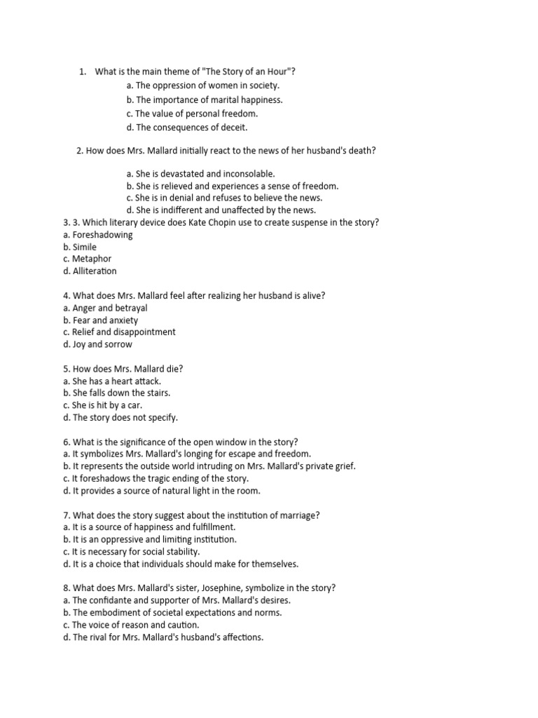 The Story of An Hour Questions and Answer Key | PDF | Narration ...