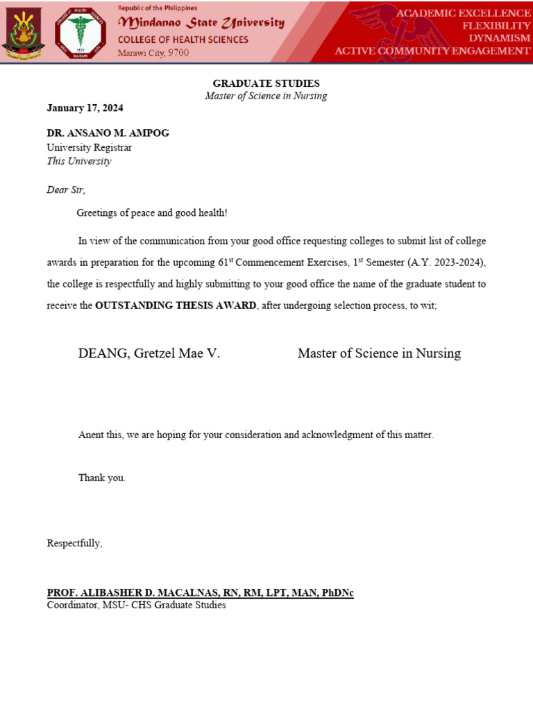 GRADUATE STUDIES Letter To Registrar Deang Thesis | PDF