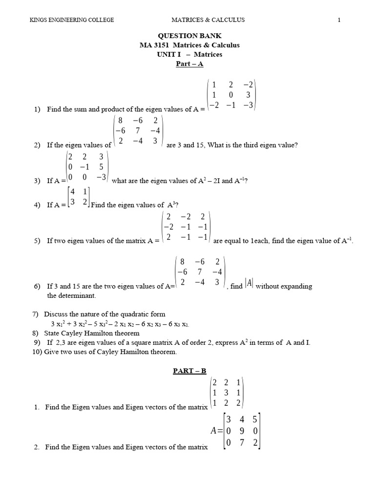 MA3151-Matrices and Calculus Question Bank | PDF | Eigenvalues And ... MA3151-Matrices and Calculus Question Bank | PDF | Eigenvalues And ...