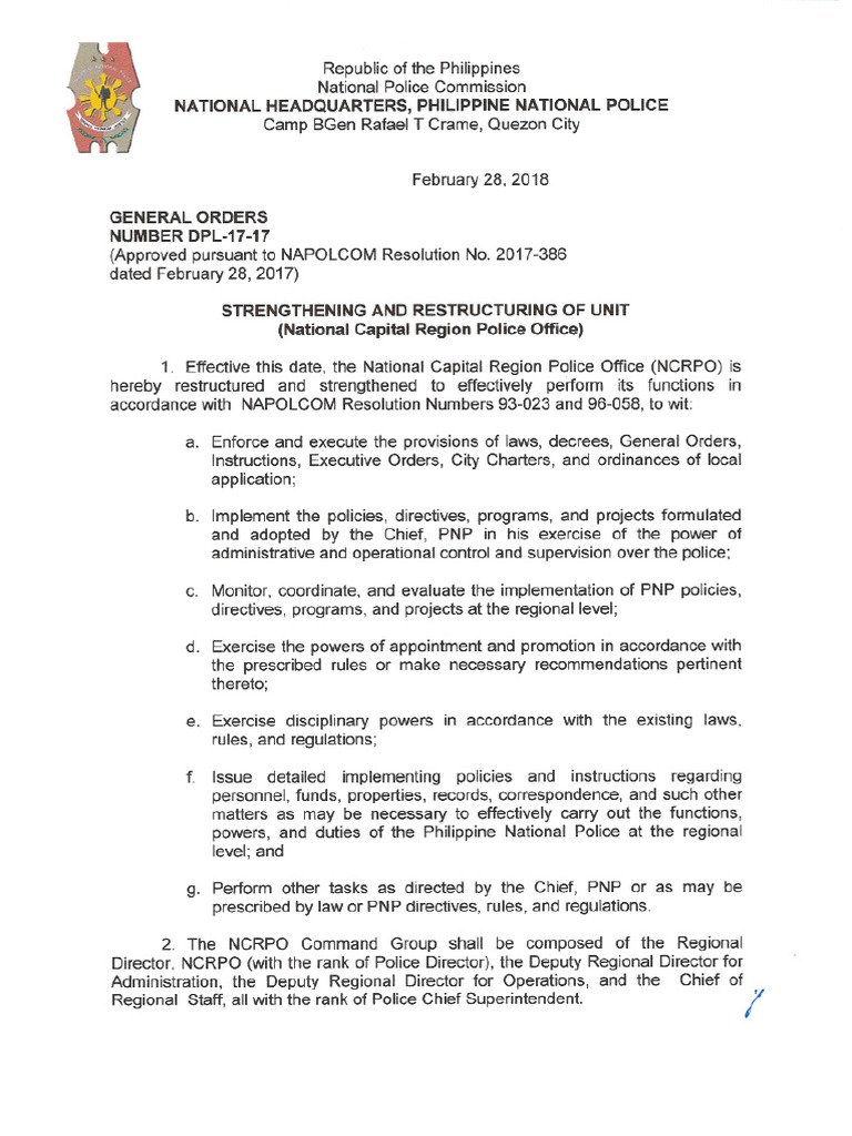 GO No 17-17 Strengthening and Restructuring of NCRPO | PDF