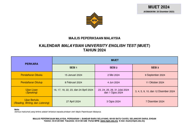 Kalendar MUET Tahun 2024 | PDF