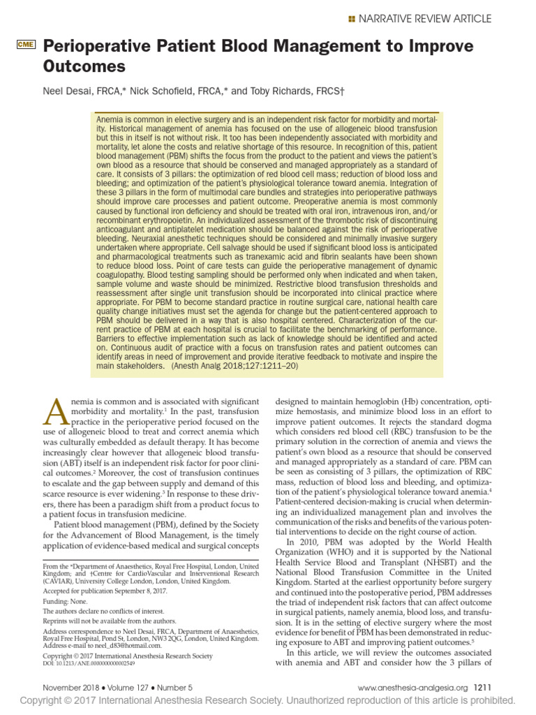Perioperative Patient Blood Management To Improve.19 | PDF | Medical ...
