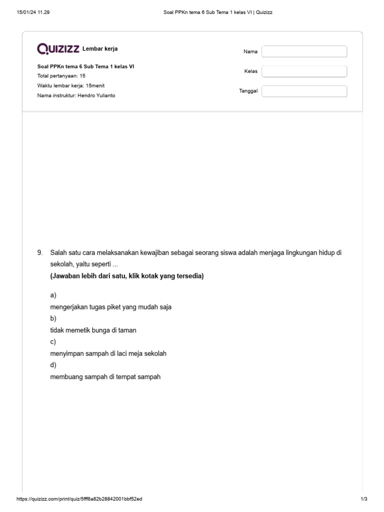 Soal PPKN Tema 6 Sub Tema 1 Kelas VI - Quizizz | PDF