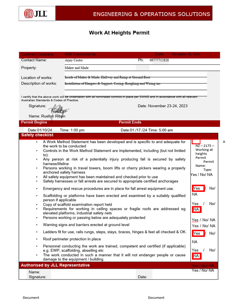 Milestone Working at Heights Permit Jan 10 2024 | PDF